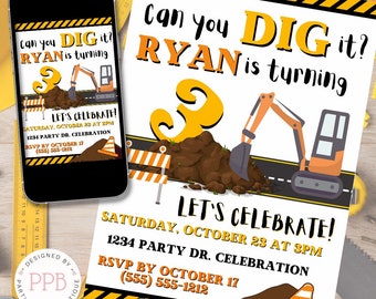 Digger Invitation Boys Construction Birthday Party Theme Excavator ...