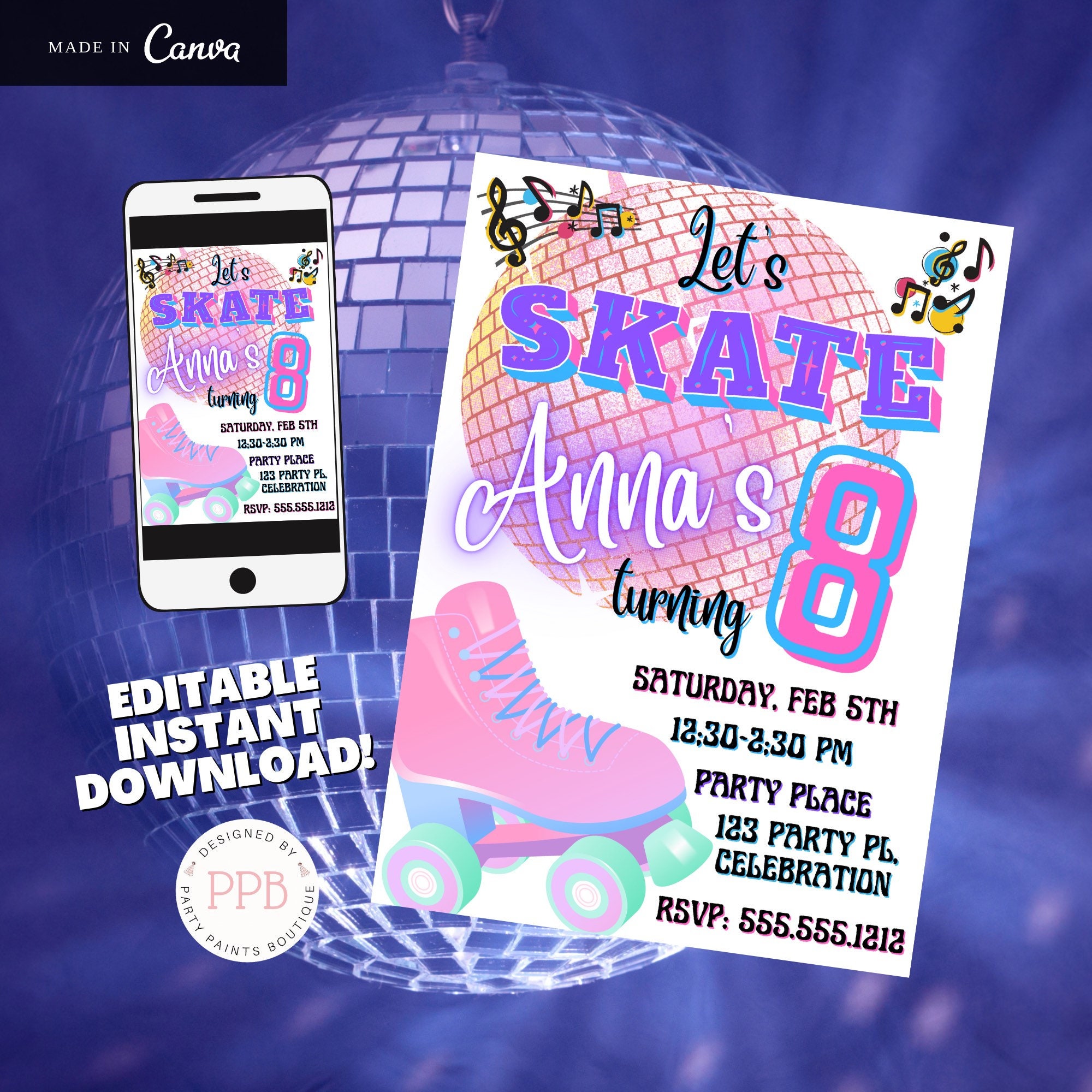 Roller Skating Birthday Invitation, Girls Roller Skating Invite, Roller ...