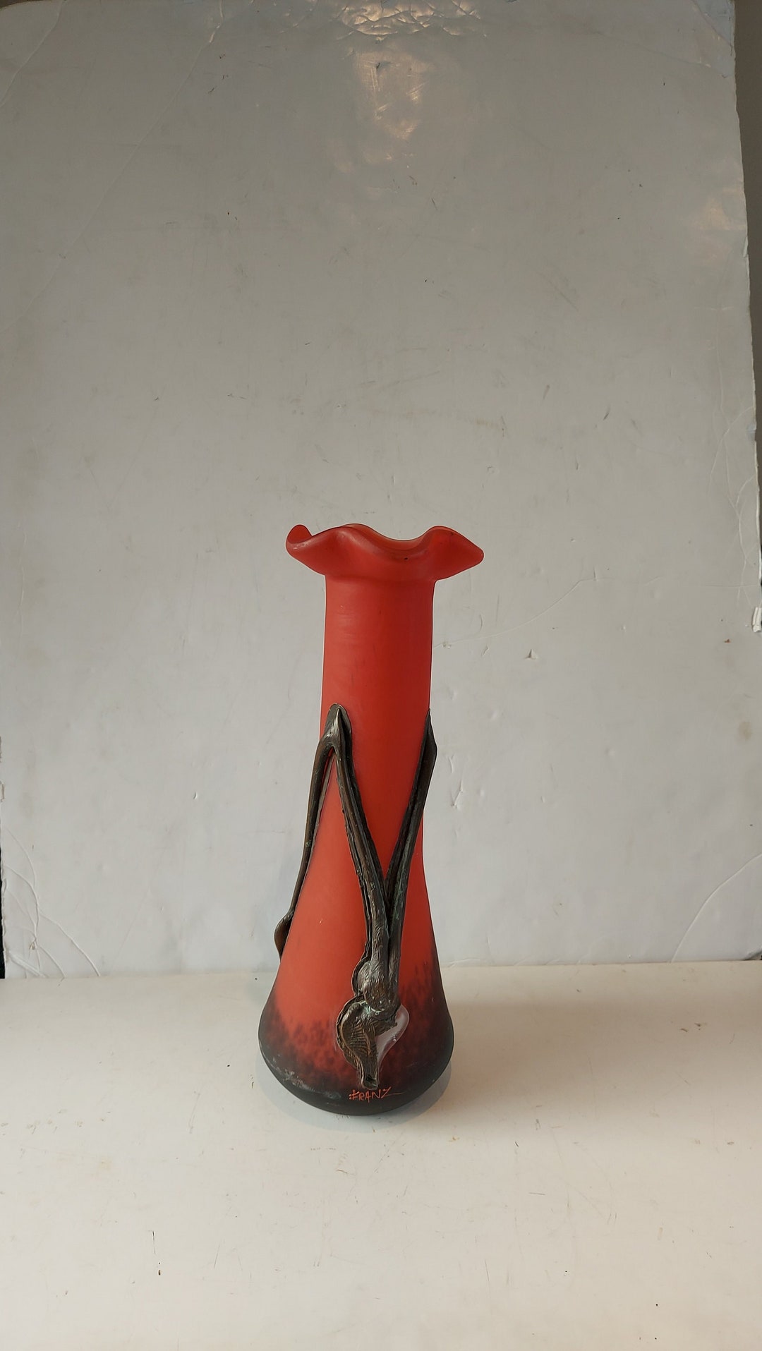 Vintage Tall Heavy Franz Caffrey Tulip Vessel With Copper Relief/tulip ...