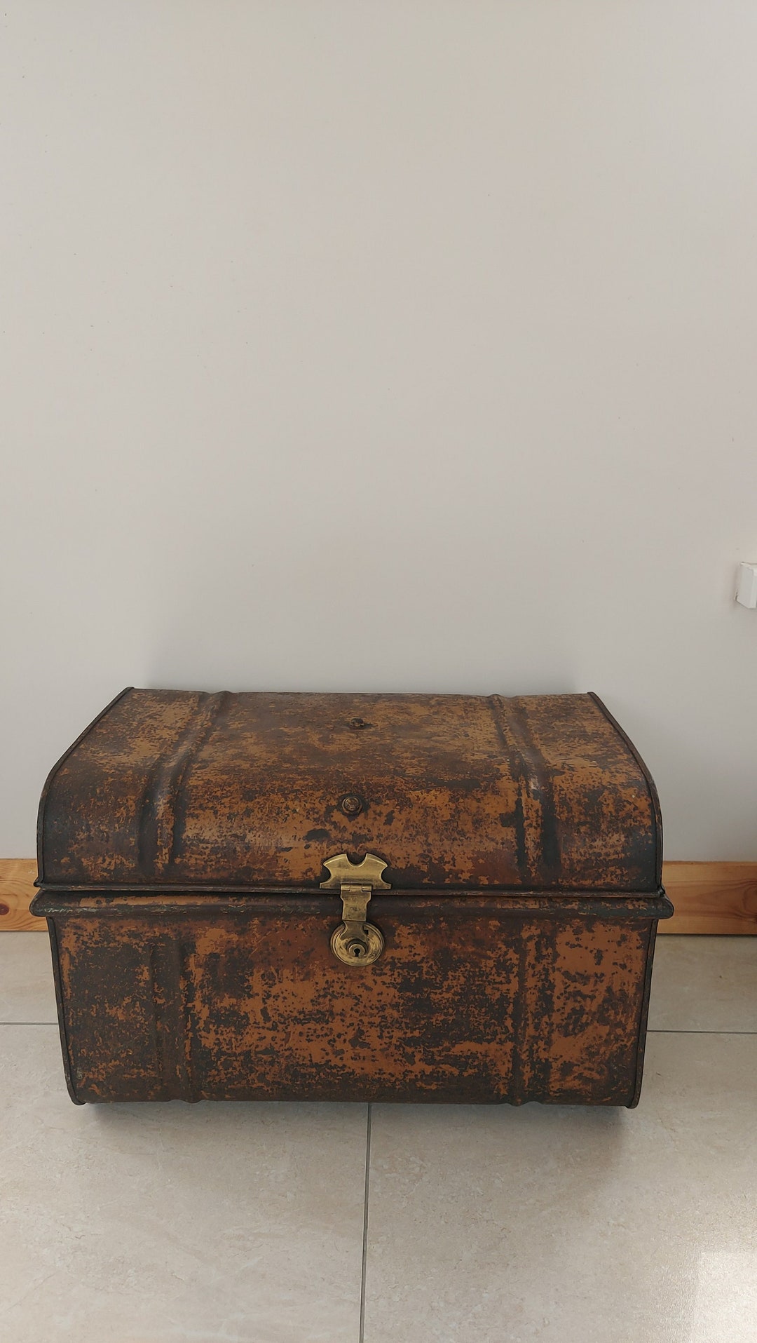 Antique Metal Trunk With Original Stumbled Paint and Brass - Etsy