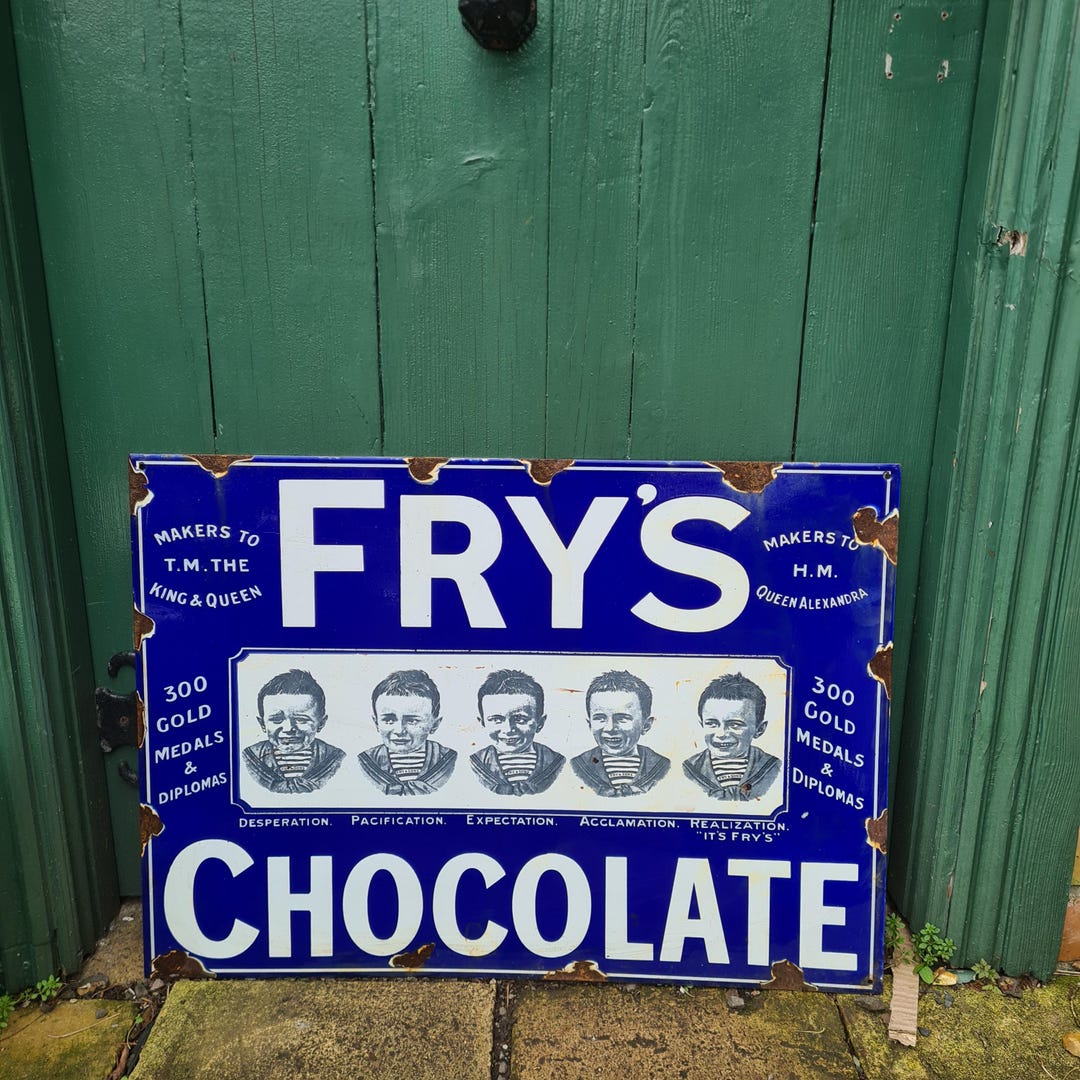 Antique Style Enamel Frys Chocolate Blue Sign/enamel Frys Five Boys ...