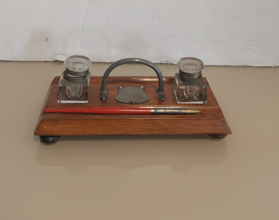 Edwardian Oak Pen and Ink Holder With Two Old Inkwell and American Nib ...