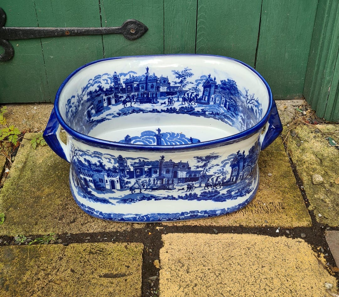 Blue and White Ceramic Oblong Planter With Handles - Etsy