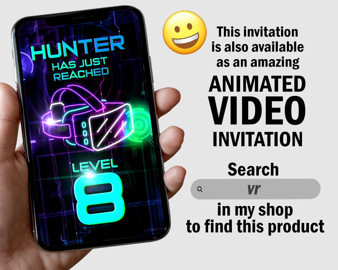 VR Game Printable Birthday Invitation, VR Party Personalized Invite ...