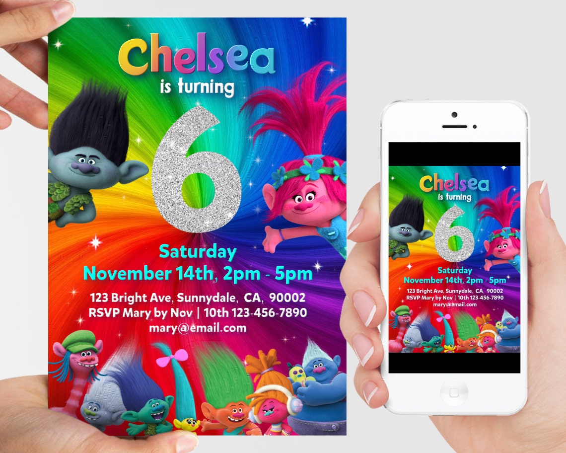 Trolls Printable Invitation Trolls Birthday Invitation - Etsy