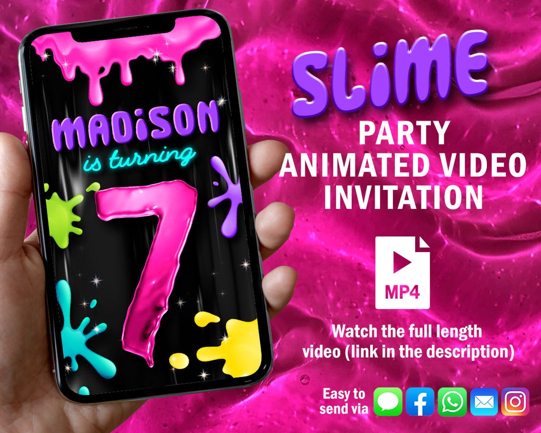 Pink Slime Invitation, Purple Birthday Video Invitation, Glitter Slime ...