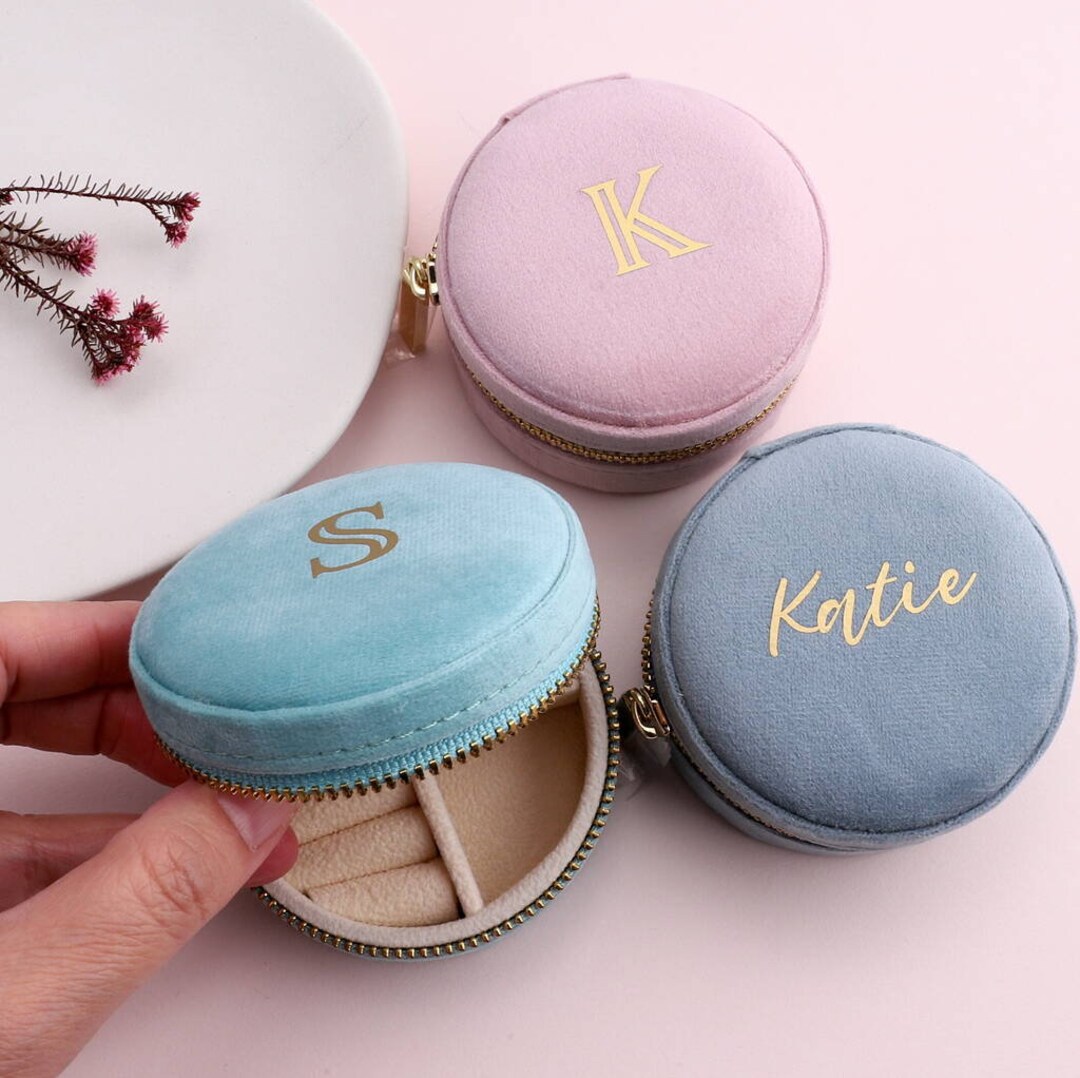 Personalised Round Jewellery Box With Name or Initial / Velvet Travel ...