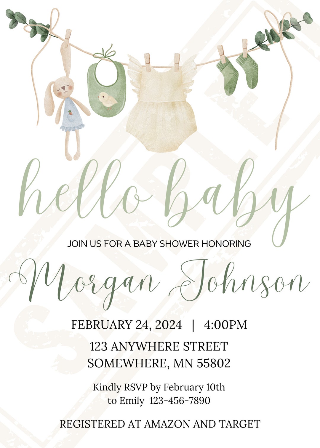 Hello Baby Shower Invitation Minimalistic Neutral Baby Girl Green ...