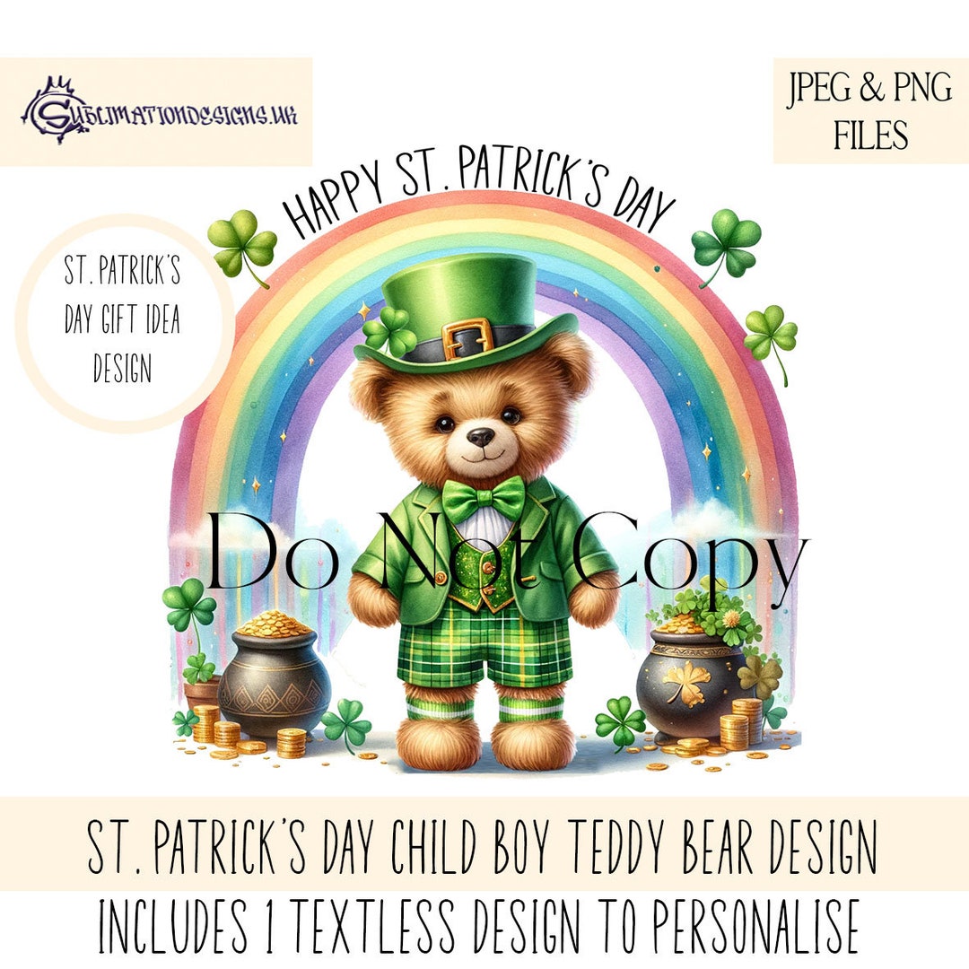 St. Patrick's Day Bear Boy Sublimation Design, St Patrick's Day JPEG ...
