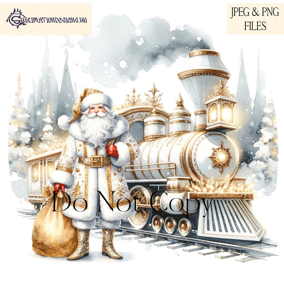 Elegant Christmas Santa Train Sublimation Design: White and Gold (JPEG ...