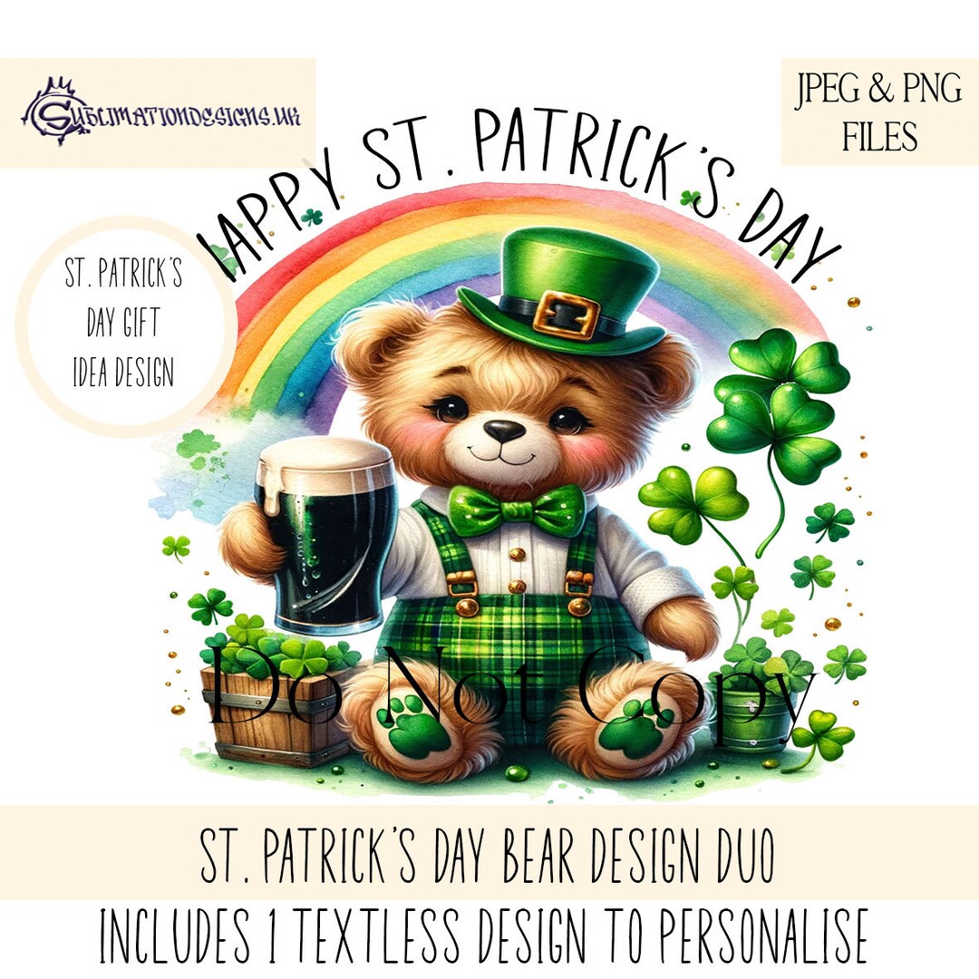 St. Patrick's Day Bear Sublimation Design, St Patrick's Day JPEG and ...