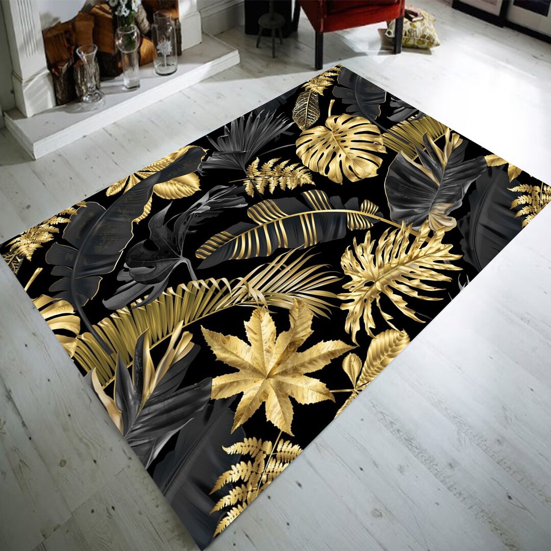 Leaf Rug, Gold Leaf Rug, Green Gold Leaves, Gold Black Rug, Gold ...
