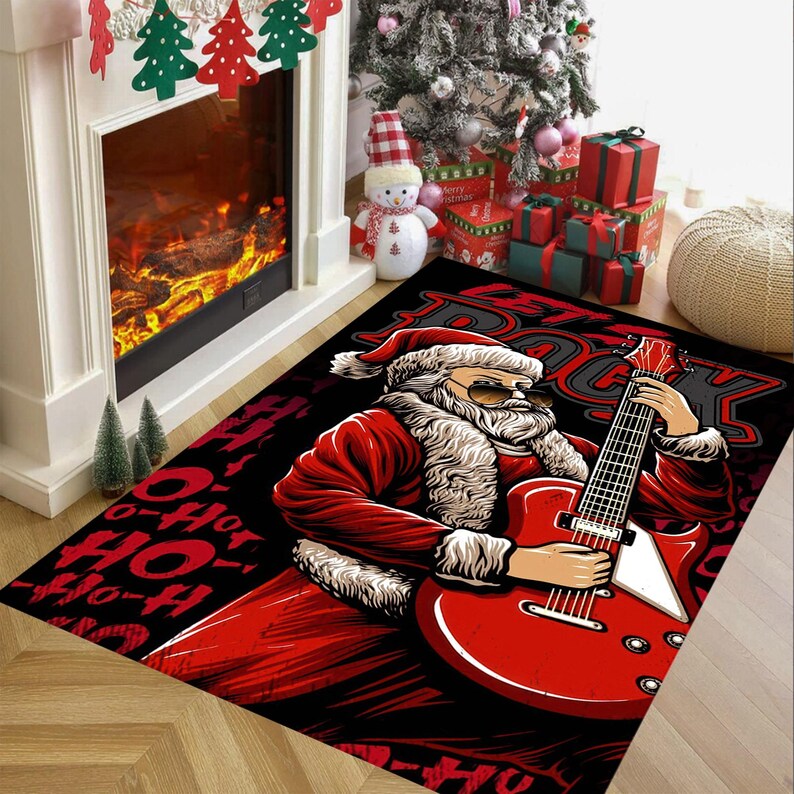 Let's Rock Santa Claus Christmas Rug | Microfiber Polyester Pile, Non ...