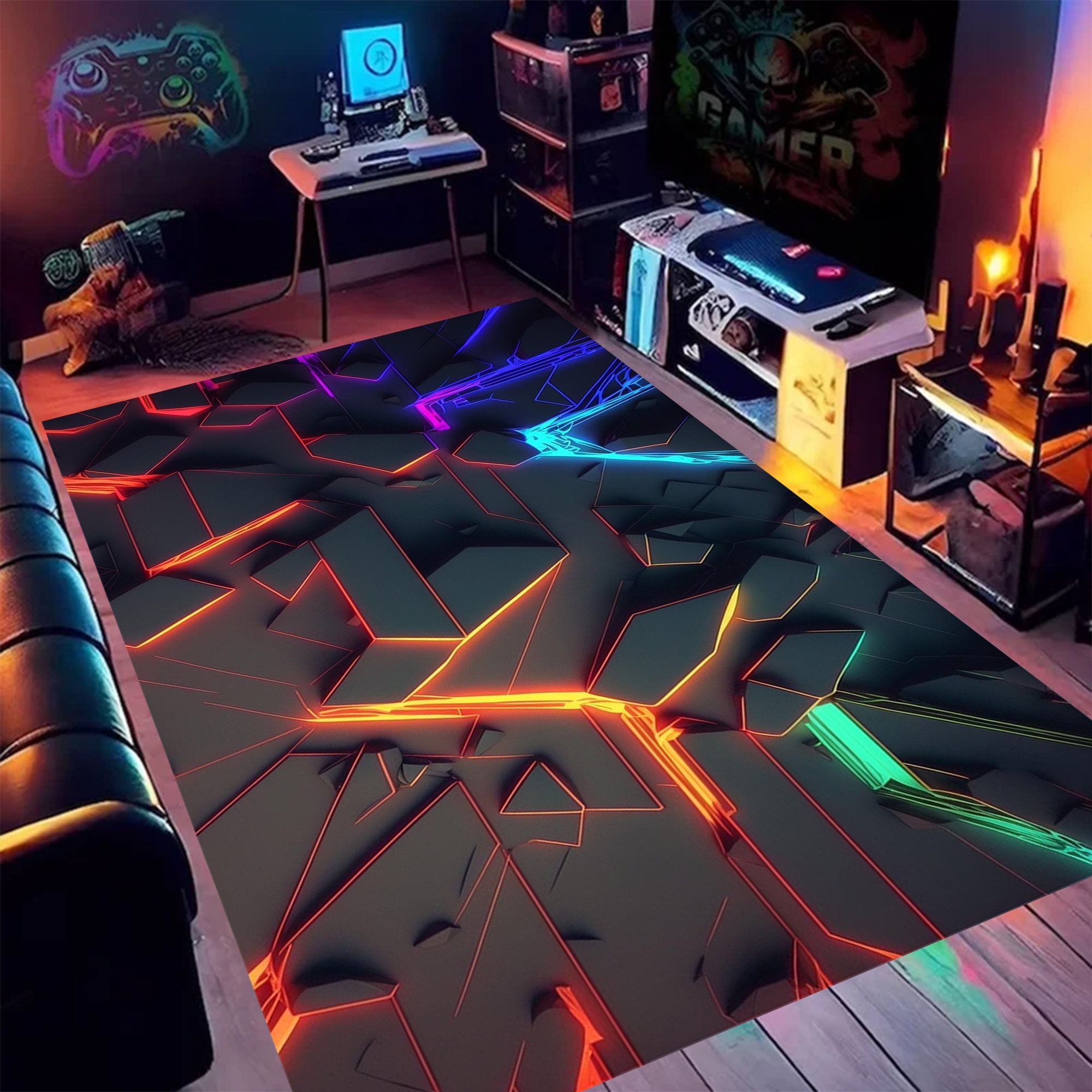 Neon Rug, Gamer Rug, Neon Design Rug, Neon Decor, Game Rug, Neon ...