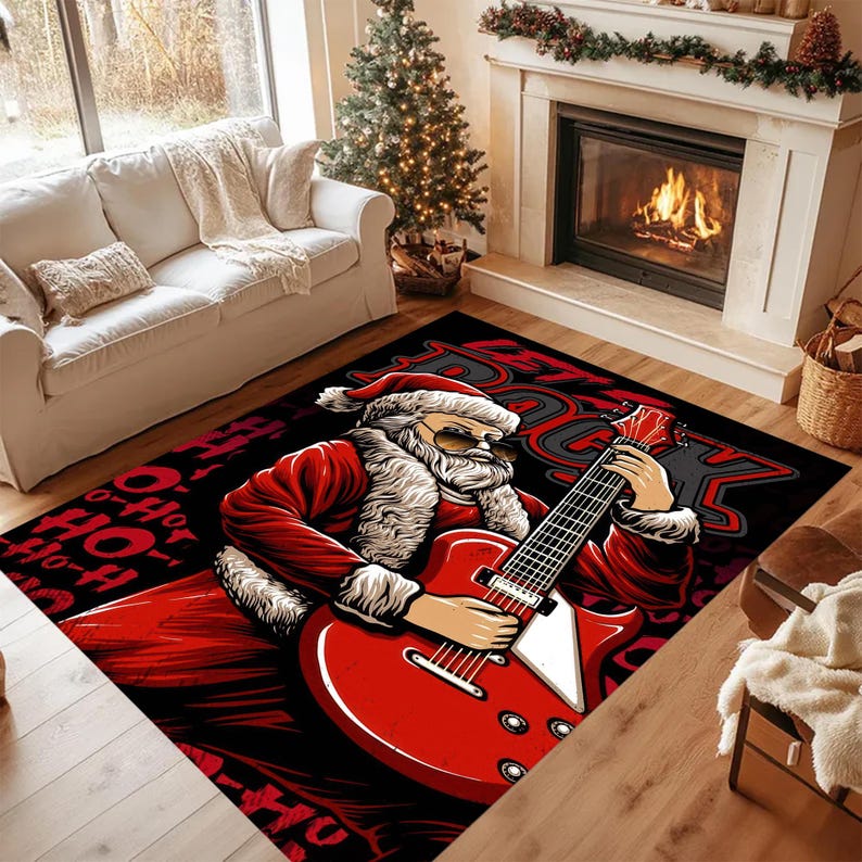 Let's Rock Santa Claus Christmas Rug | Microfiber Polyester Pile, Non ...