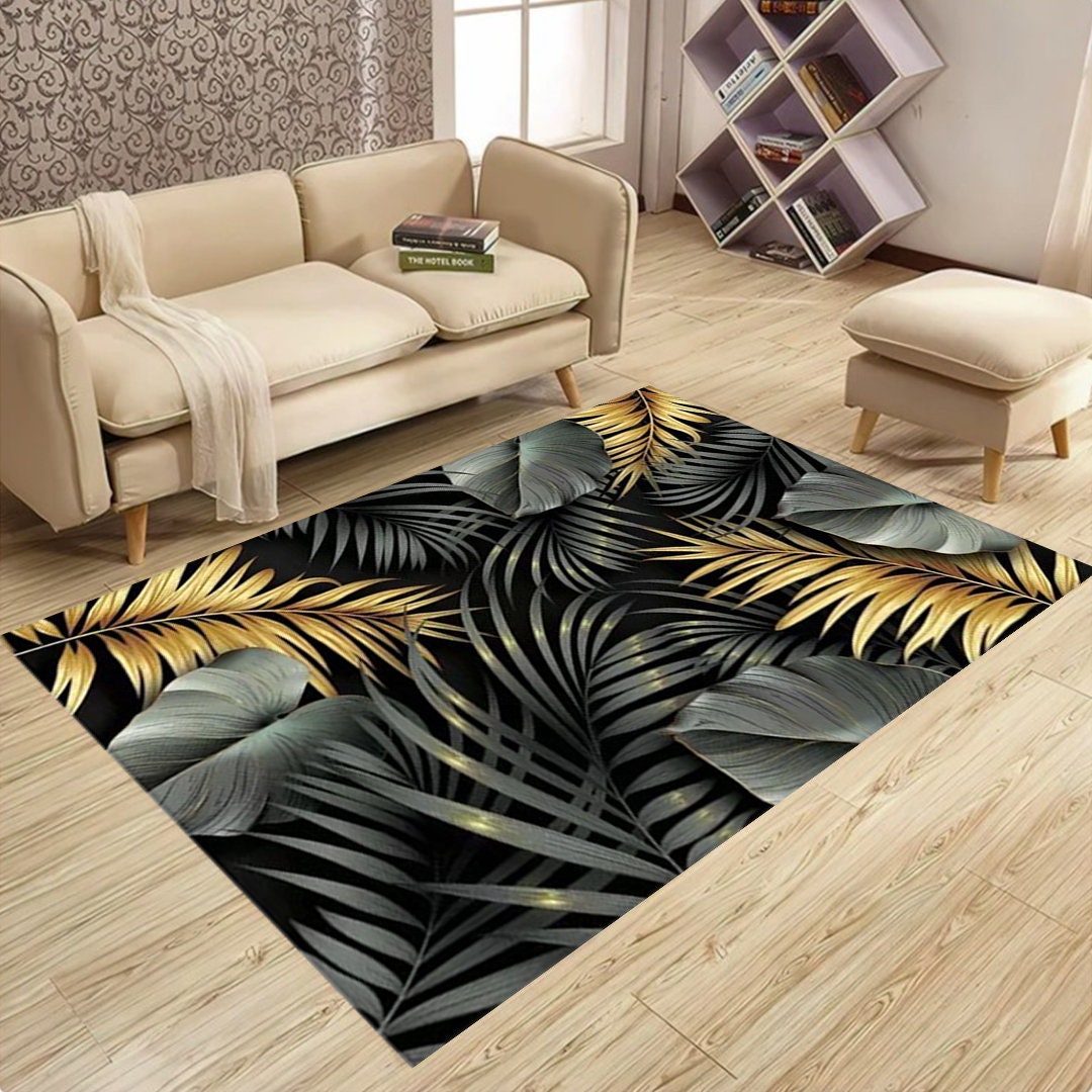 Leaf Rug, Gold Leaf Rug, Green Gold Leaves, Gold Black Rug, Gold ...