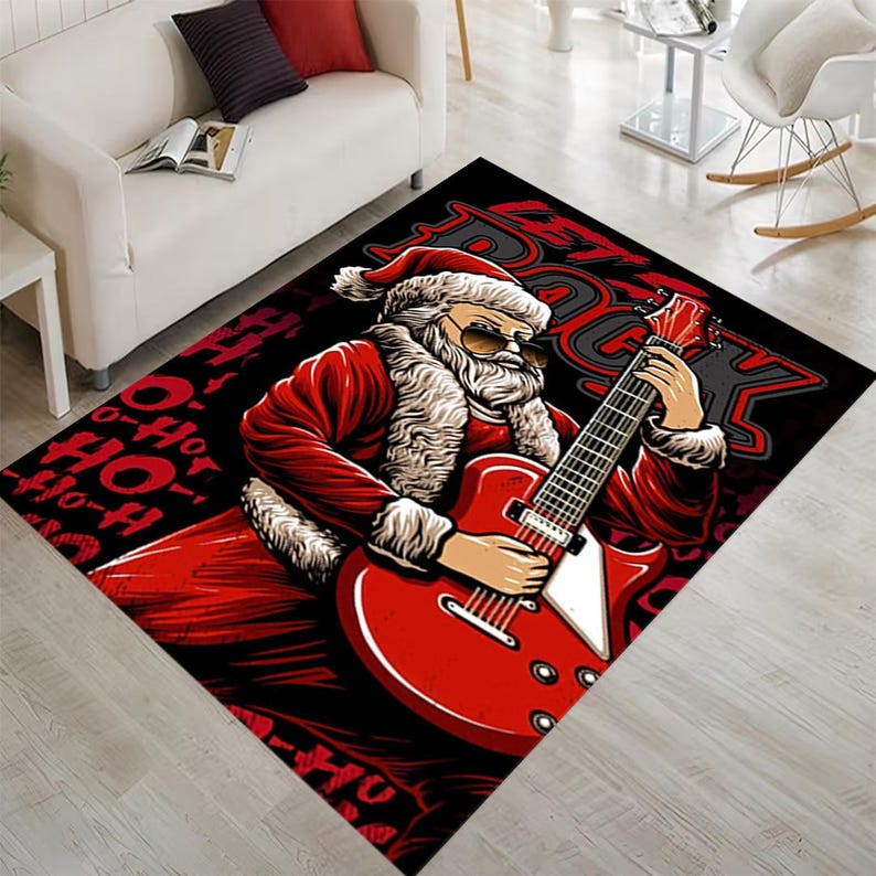 Let's Rock Santa Claus Christmas Rug | Microfiber Polyester Pile, Non ...