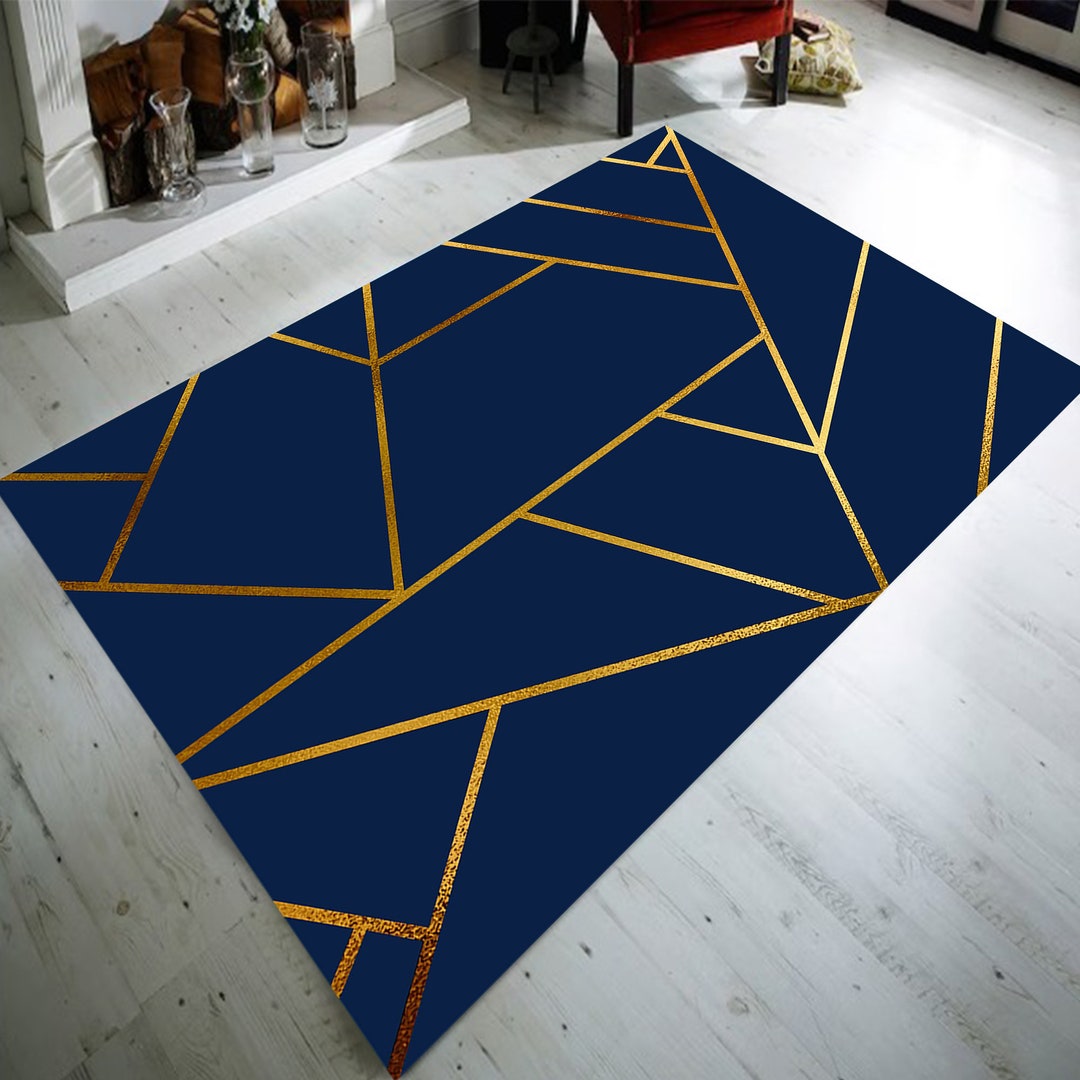Gold Light Beams Rug,blue and Gold Marble Rug,gold Lined Geometric ...