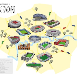 London Football Stadiums - Illustrated Map - Etsy