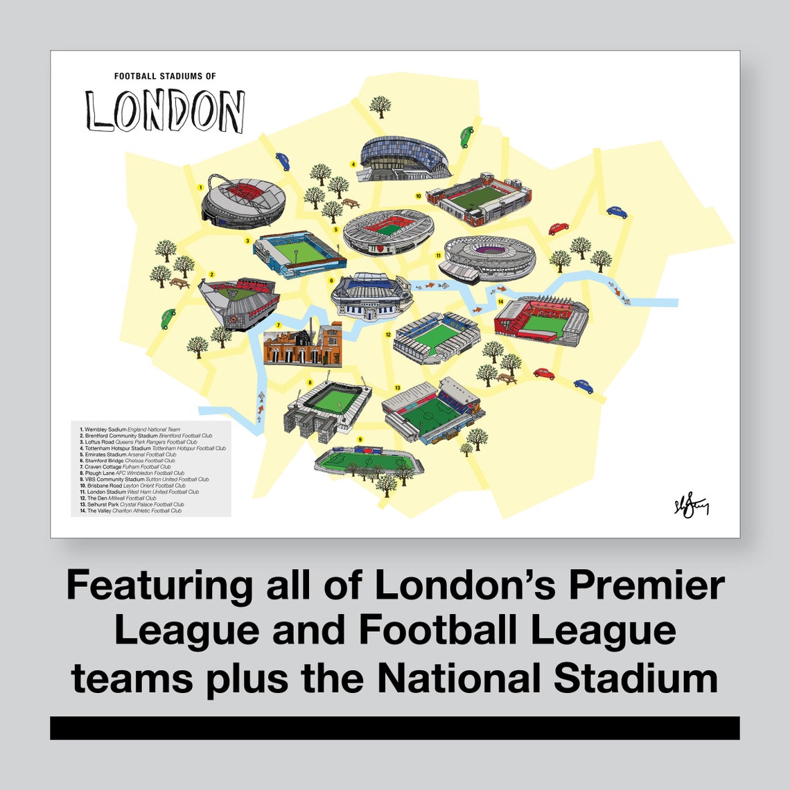 London Football Stadiums - Illustrated Map - Etsy