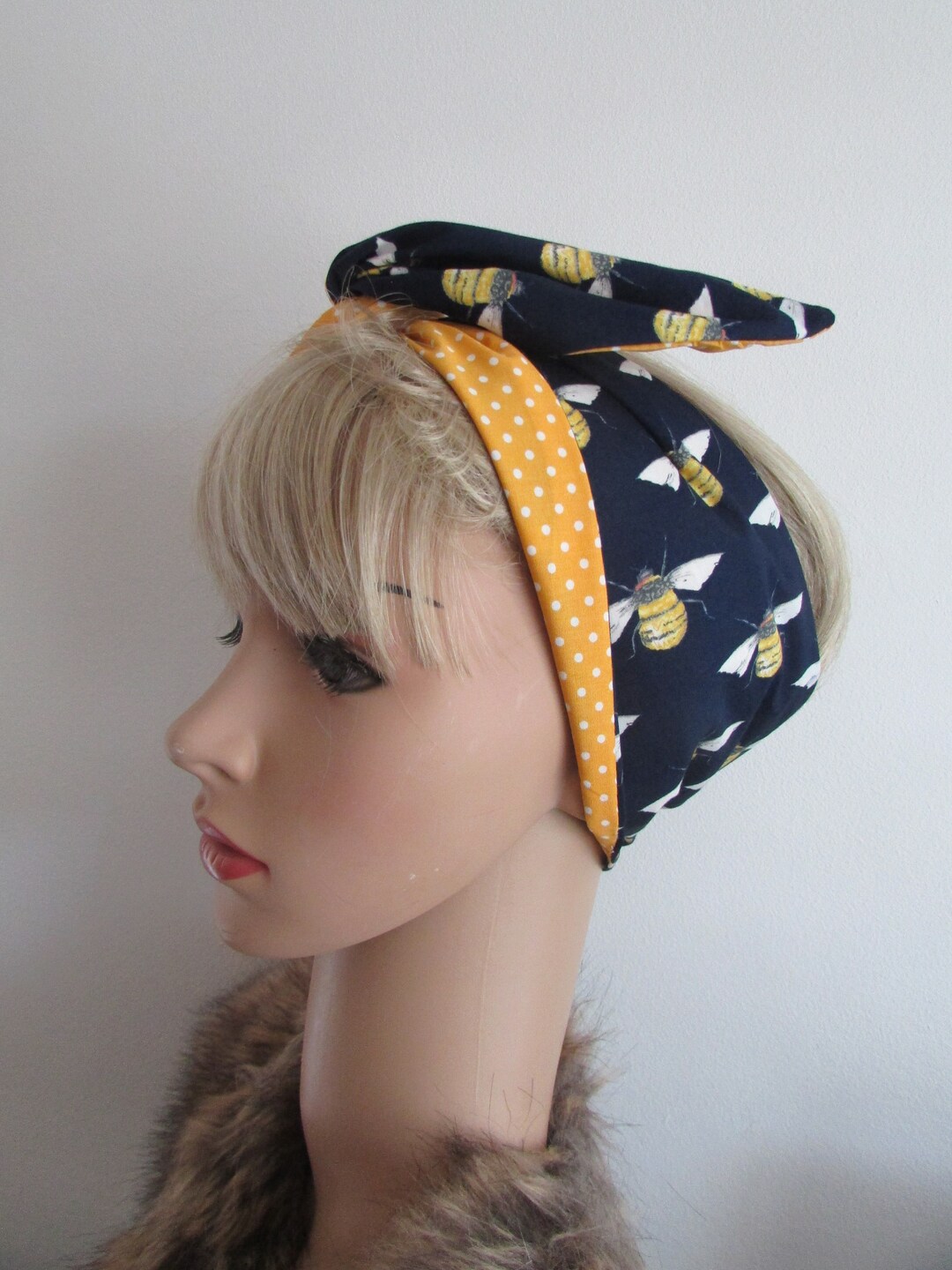 Pin up Rockabilly Navy Bumble Bee Fabric Wide or Narrow Wired Headband ...