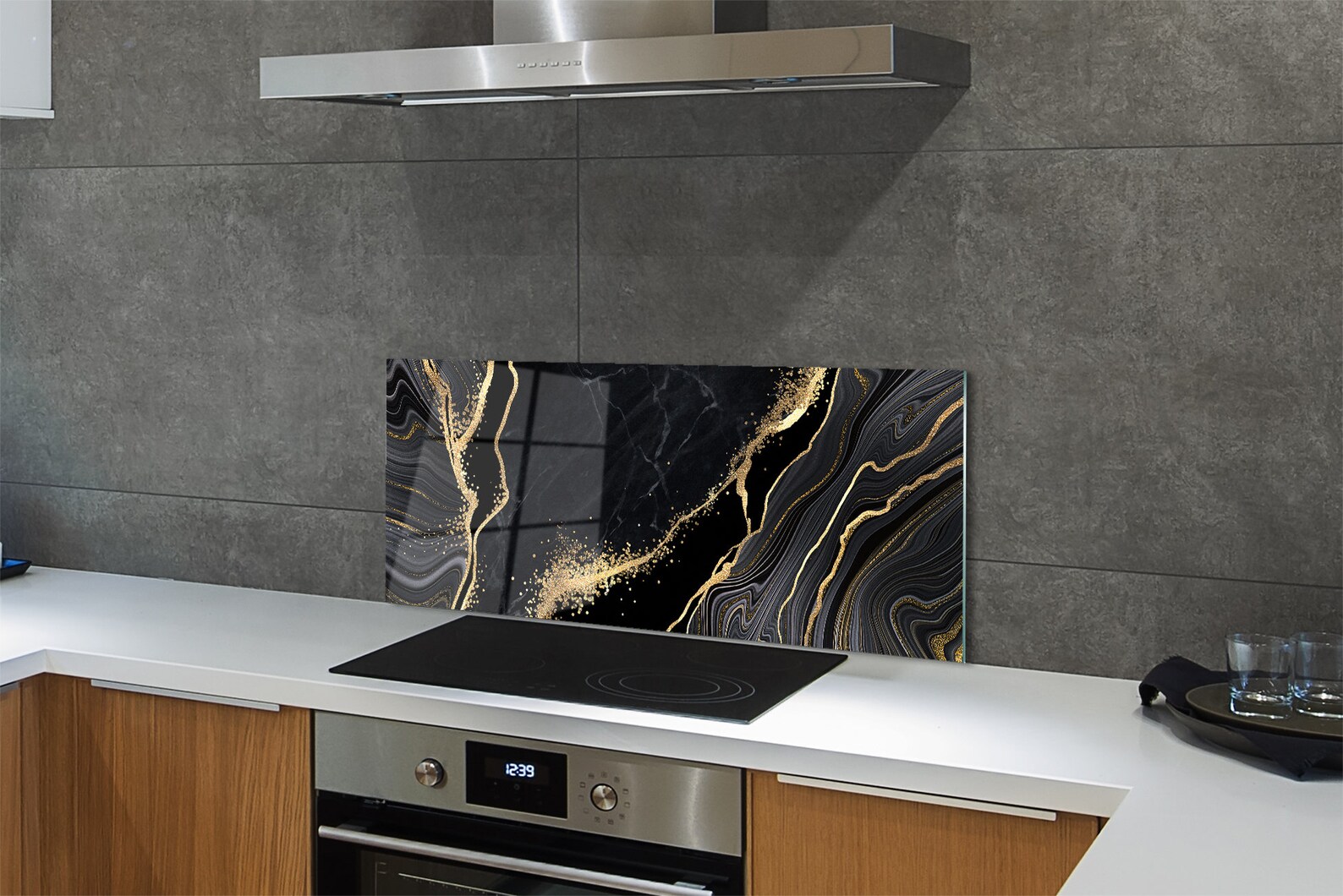 Dark Marble Glass Splashback, Gold Kitchen Makeover, Blue Made to ...