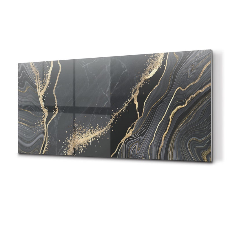 Dark Marble Glass Splashback, Gold Kitchen Makeover, Blue Made to ...