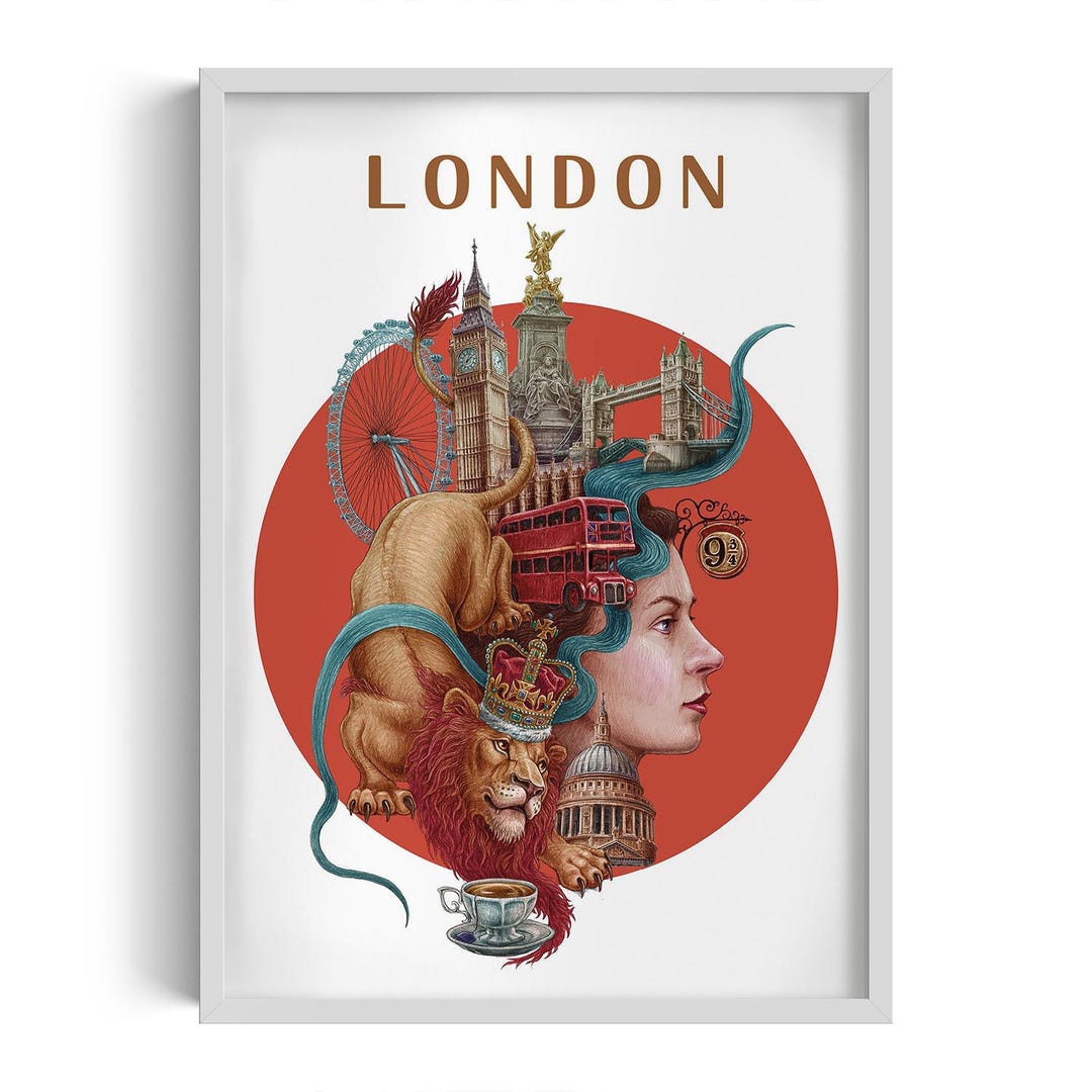 London City Red Background Wall Art, London Illustration in Frame, City ...