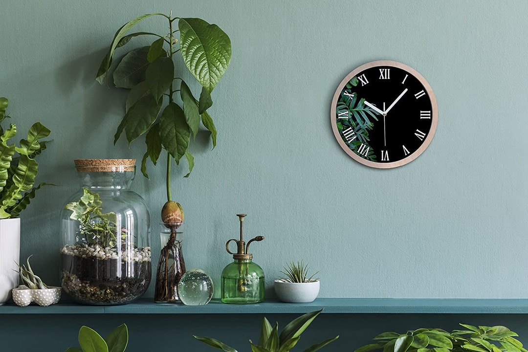 Monstera Flower Tropical Wooden Wall Clock, Green Silent Wall Clock ...