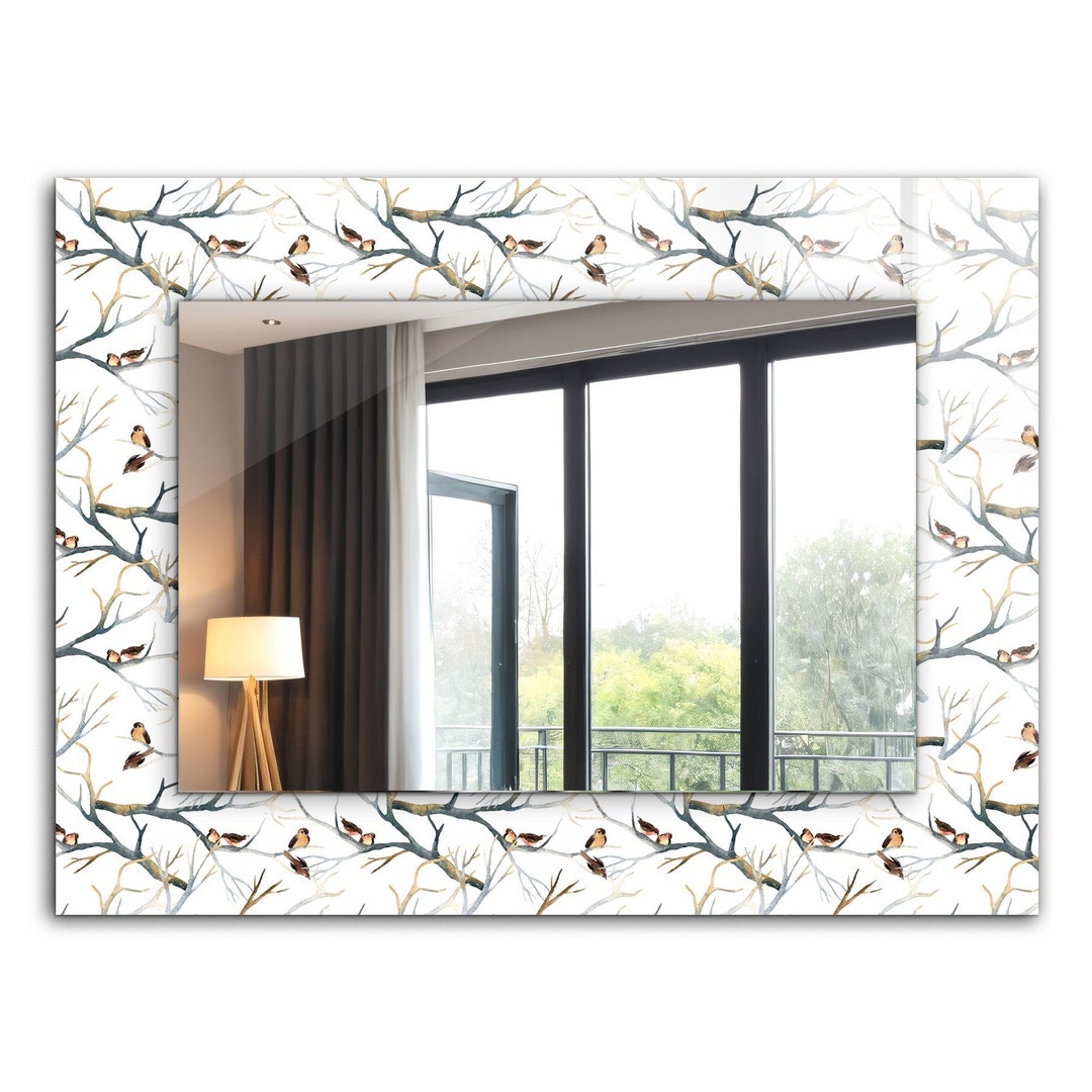 Birds on the Branches, Mirror With Gray Tempered Glass Framing ...