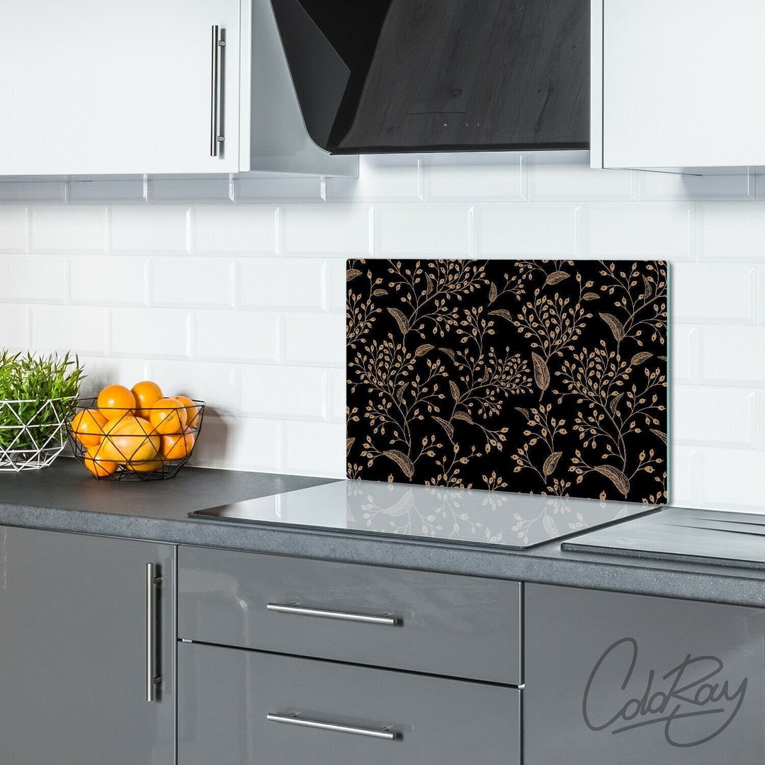 Classic Irregular Leaves Plants Black Splashback, Gold Backsplash ...