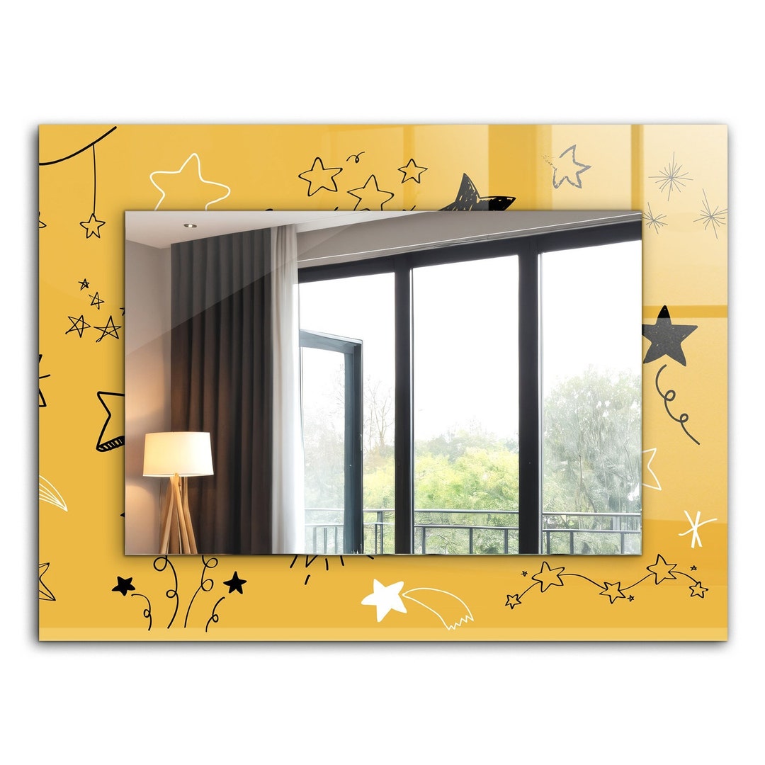 Drawings of Different Stars, Mirror With Yellow Tempered Glass Framing ...
