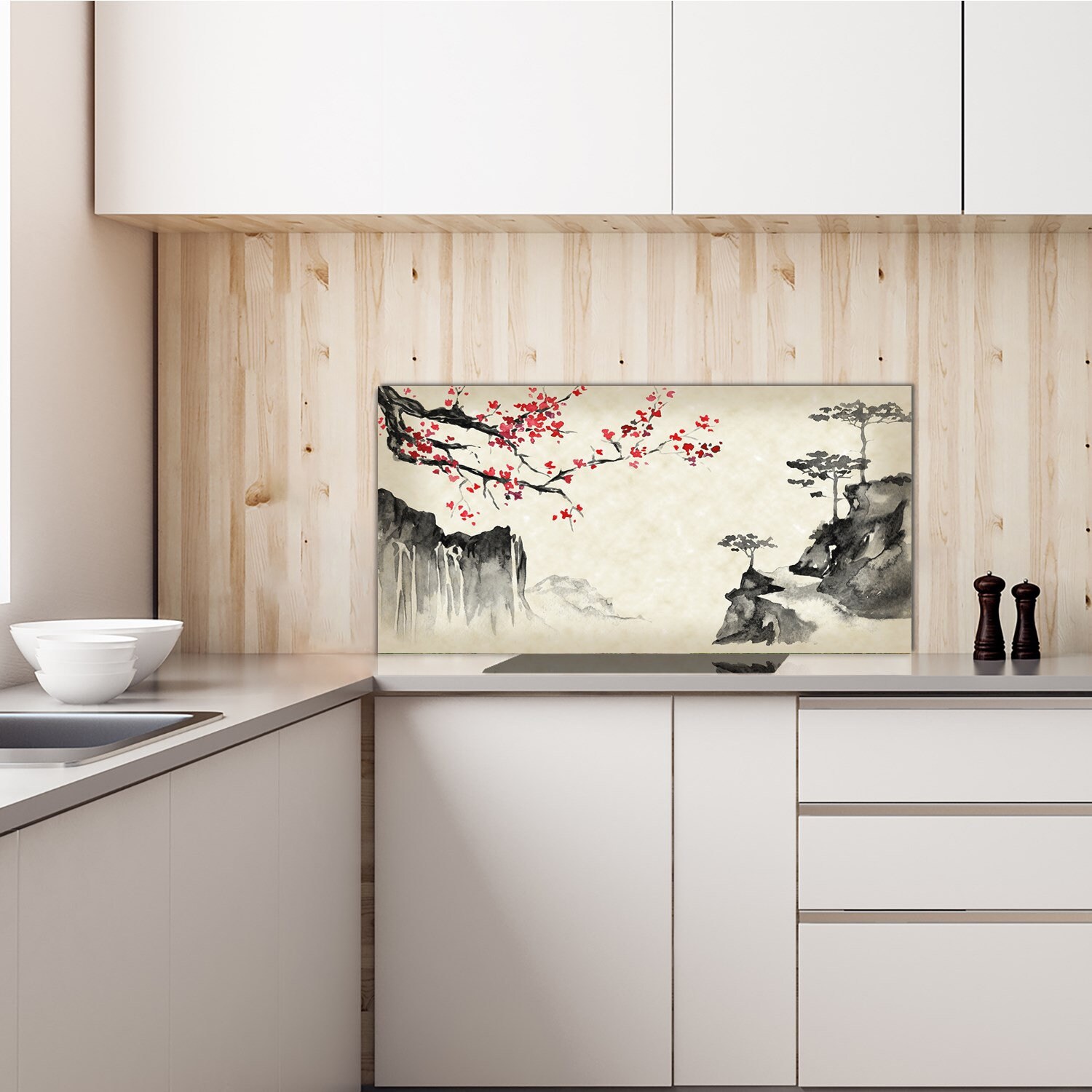 Sakura and Mountains Glass Backsplash, Gray Kitchen Makeover, Red Made ...