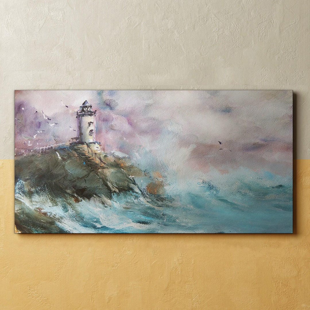 Painted Lighthouse Large Canvas Art, White Contemporary Art, Blue Wall ...