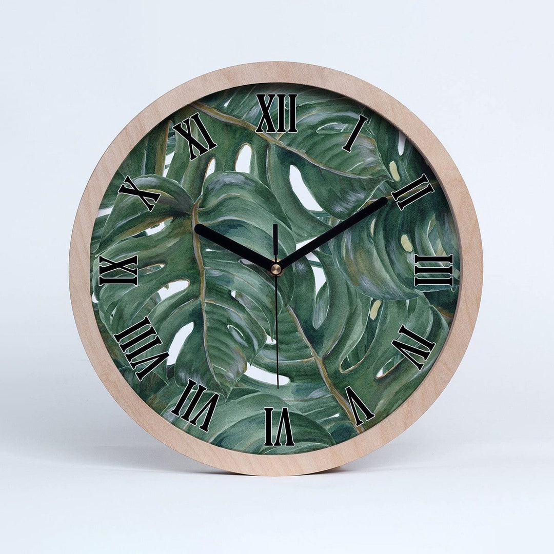 Monstera Flower Tropical Wooden Wall Clock, Green Silent Wall Clock ...