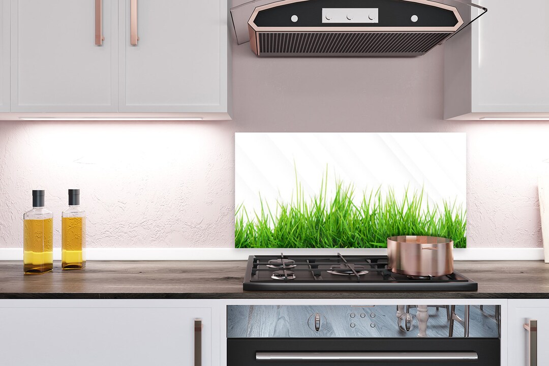 Grass Strip Glass Backsplash, Green Cooker Panel, White Contemporary ...