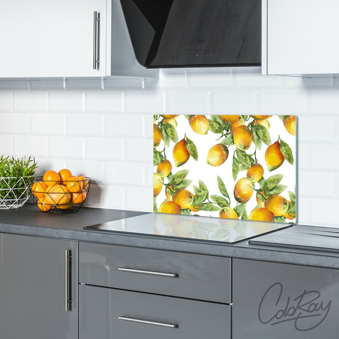 Fancy Farmhouse Lemons Leaf Backsplash Tile, Yellow Glass Cutting Board ...