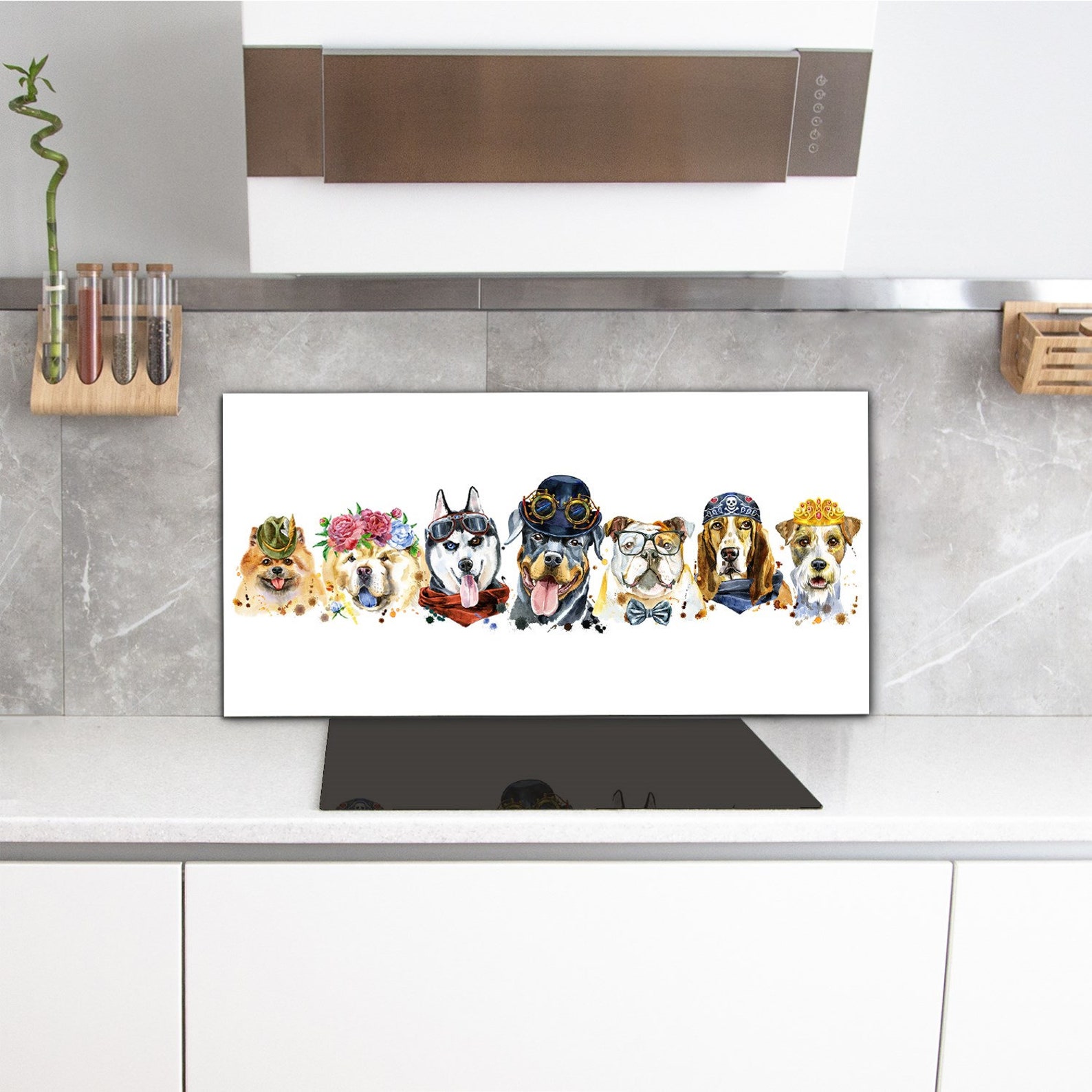Funny Dogs Glass Splashback, White Cooker Panel, Blue Contemporary ...