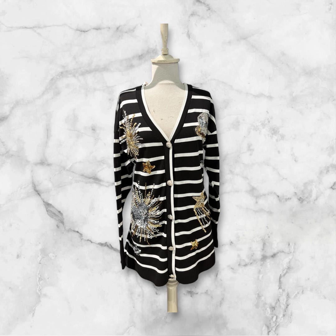 Handmade Celestial Cardigan, Crystal Star Embroidery,black White Stripe ...