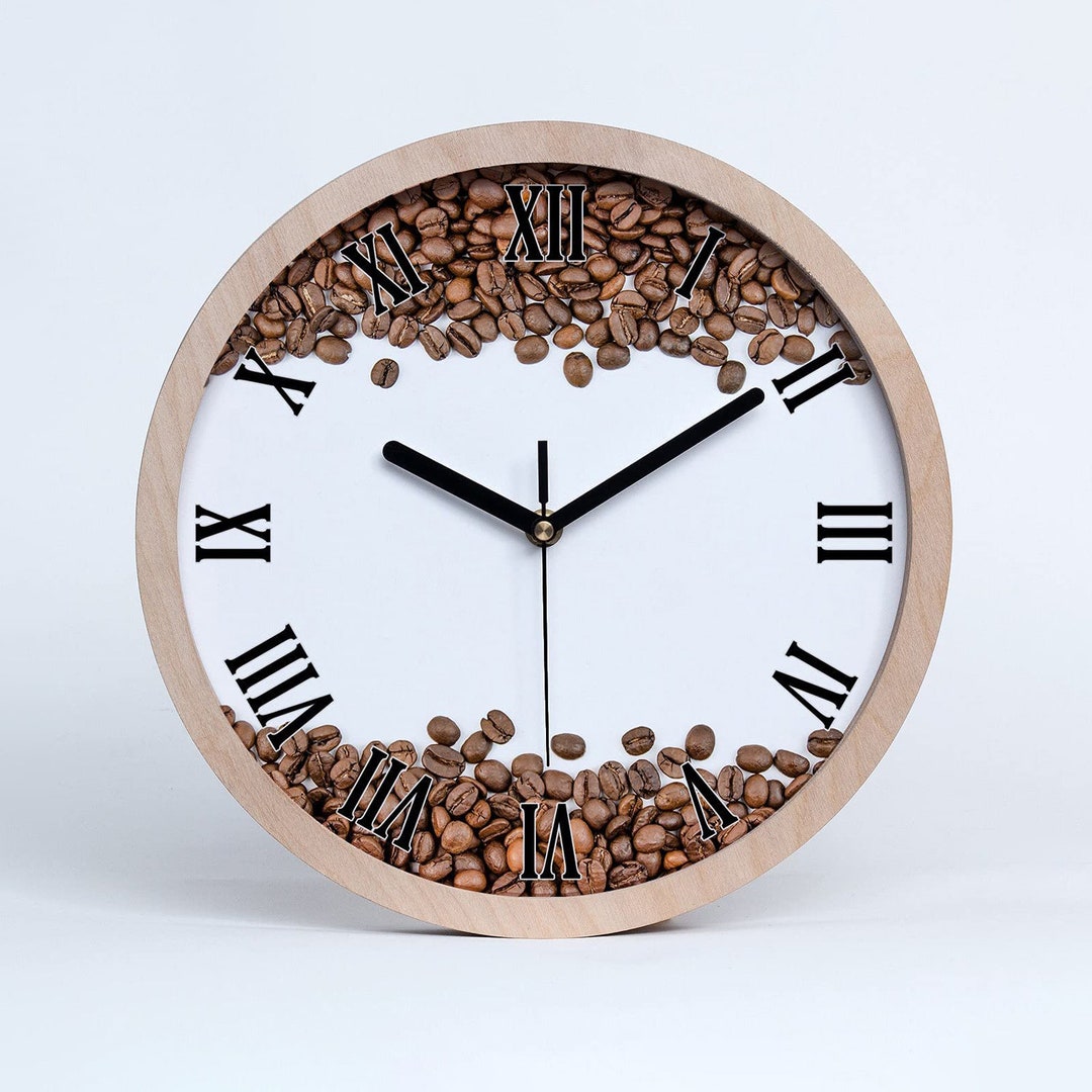 Aromatic Coffee Beans Wall Clock, Brown Wooden Wall Print, White ...
