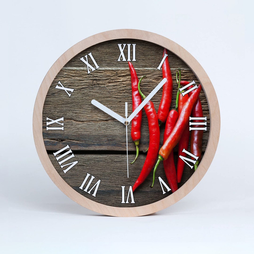 Red Chilli Peppers Wooden Clock, Red Modern Wall Art, Brown Minimalist ...