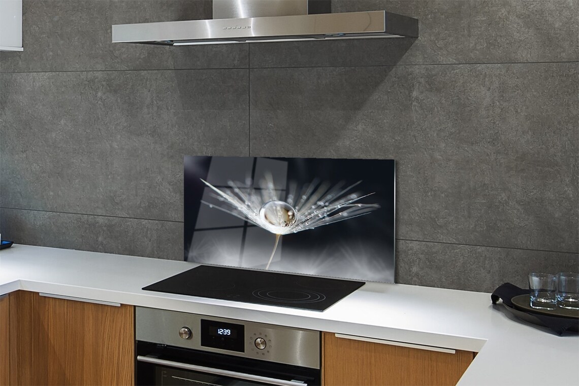Drop of Water on Dandelion Kitchen Backsplash, White Glass Splashback ...