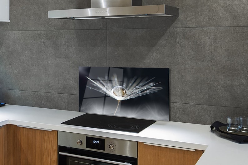Drop of Water on Dandelion Kitchen Backsplash, White Glass Splashback ...