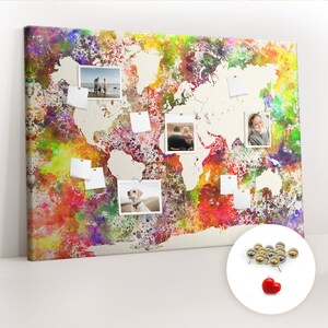 Watercolor World Map, Travel Tracker, Push Pins, Student's Note Board ...