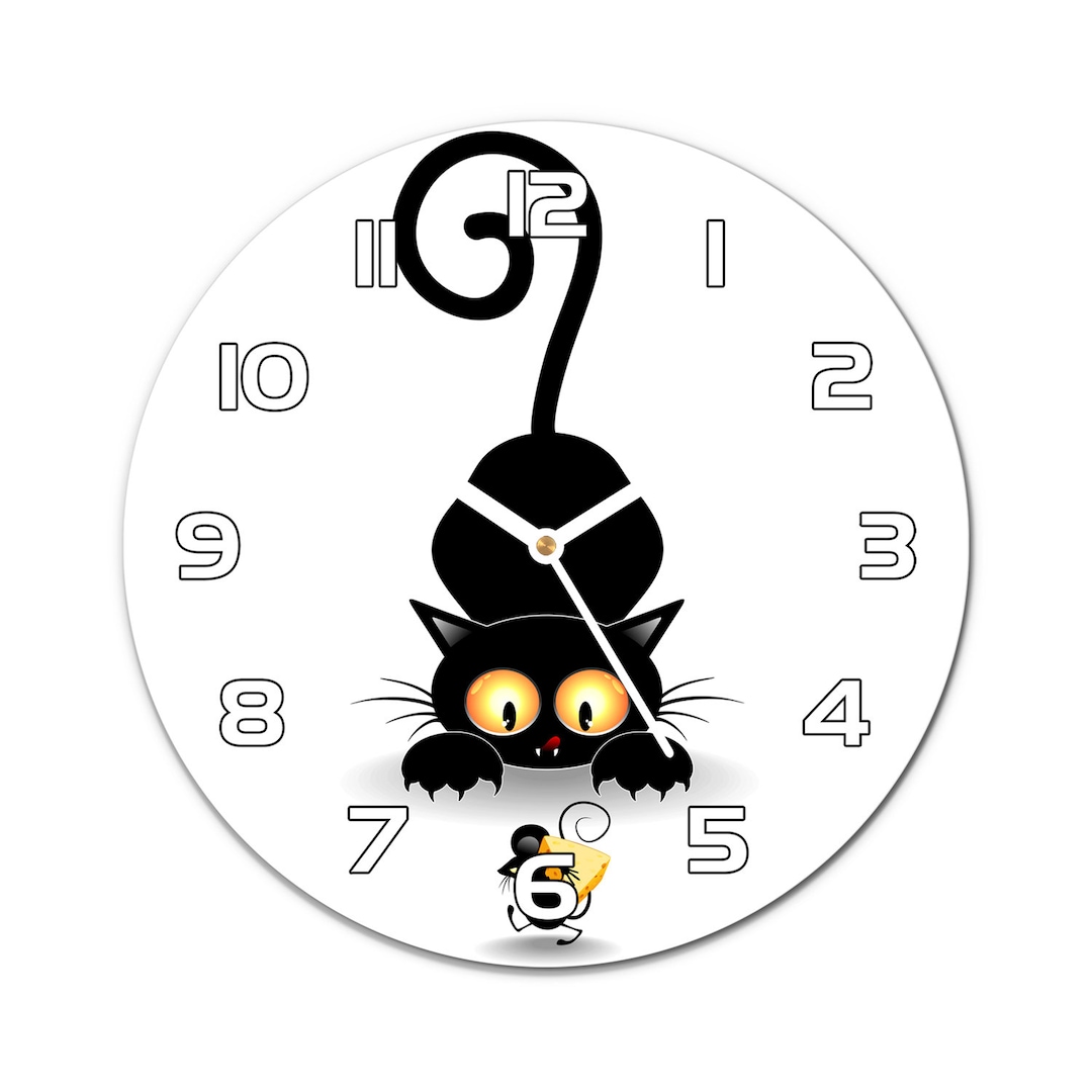 Cat and Mouse Glass Clock, Black Home Office Decoration, Yellow Gift ...