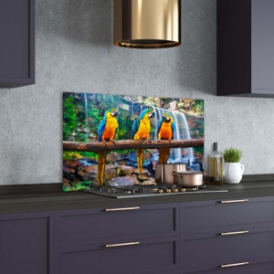 Parrots on A Branch Splashback for Kitchem, Yellow Kitchen Backsplash ...