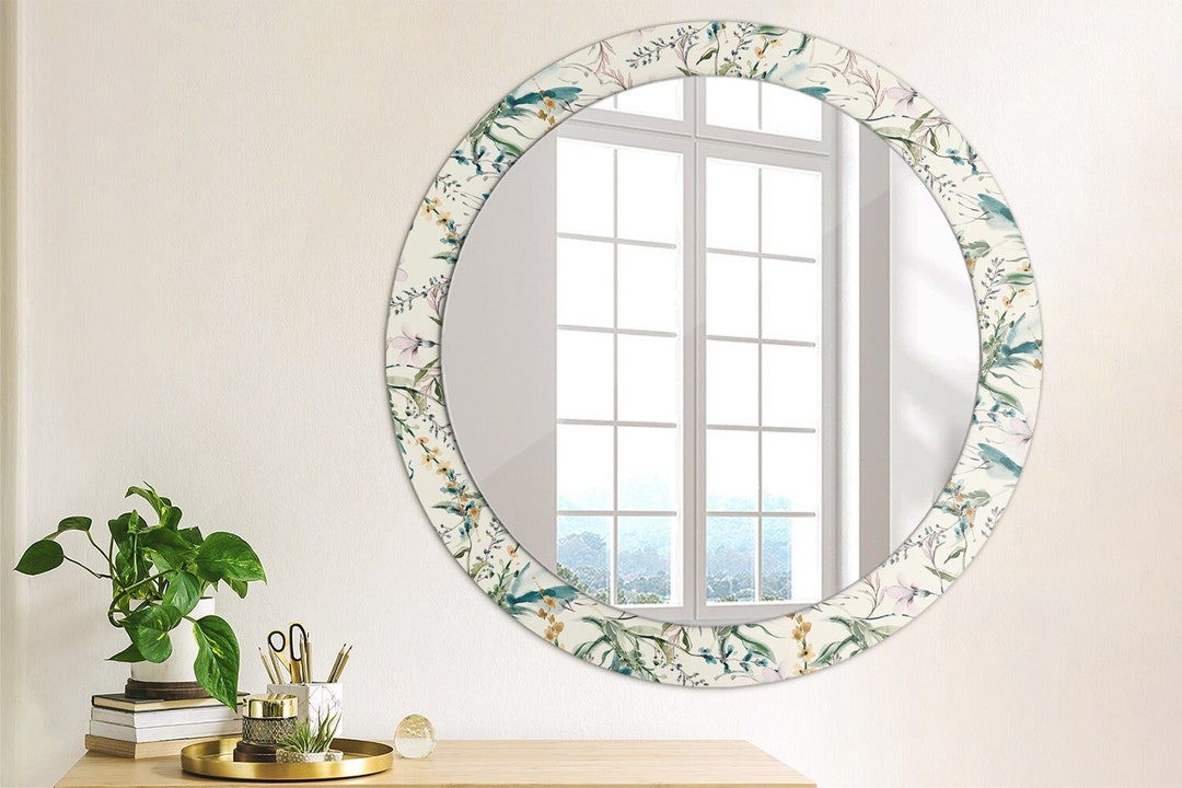 Watercolor Flowers, White, Mirror Print Frame, Round Wall Mirror ...
