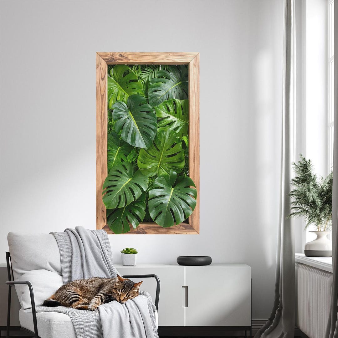 Fake Window Sticker - Monstera Leaves, Green Wall Decals, Flowers and ...