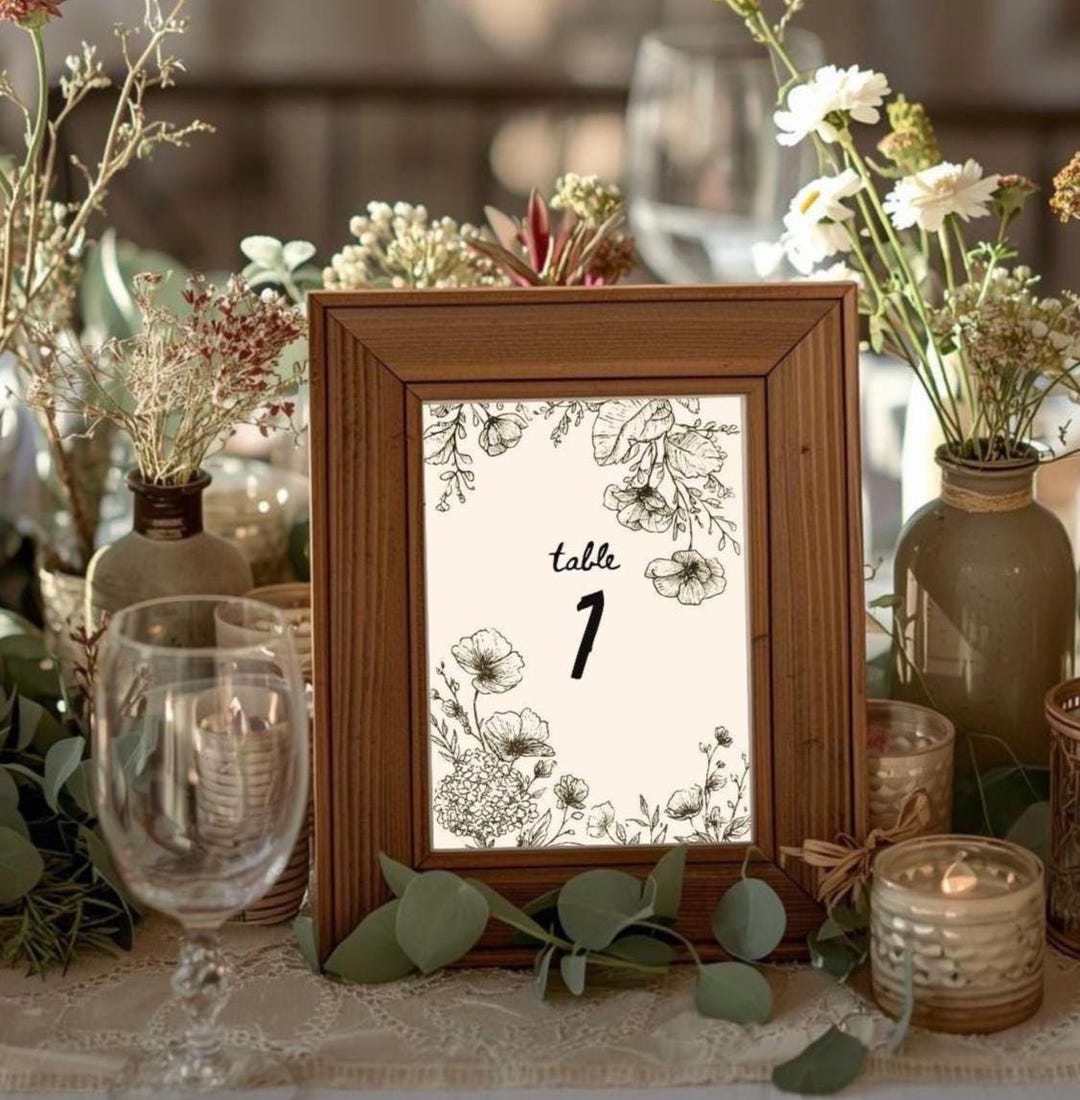 Printable Floral Table Numbers • 5x7 Black & White Botanical Wedding ...