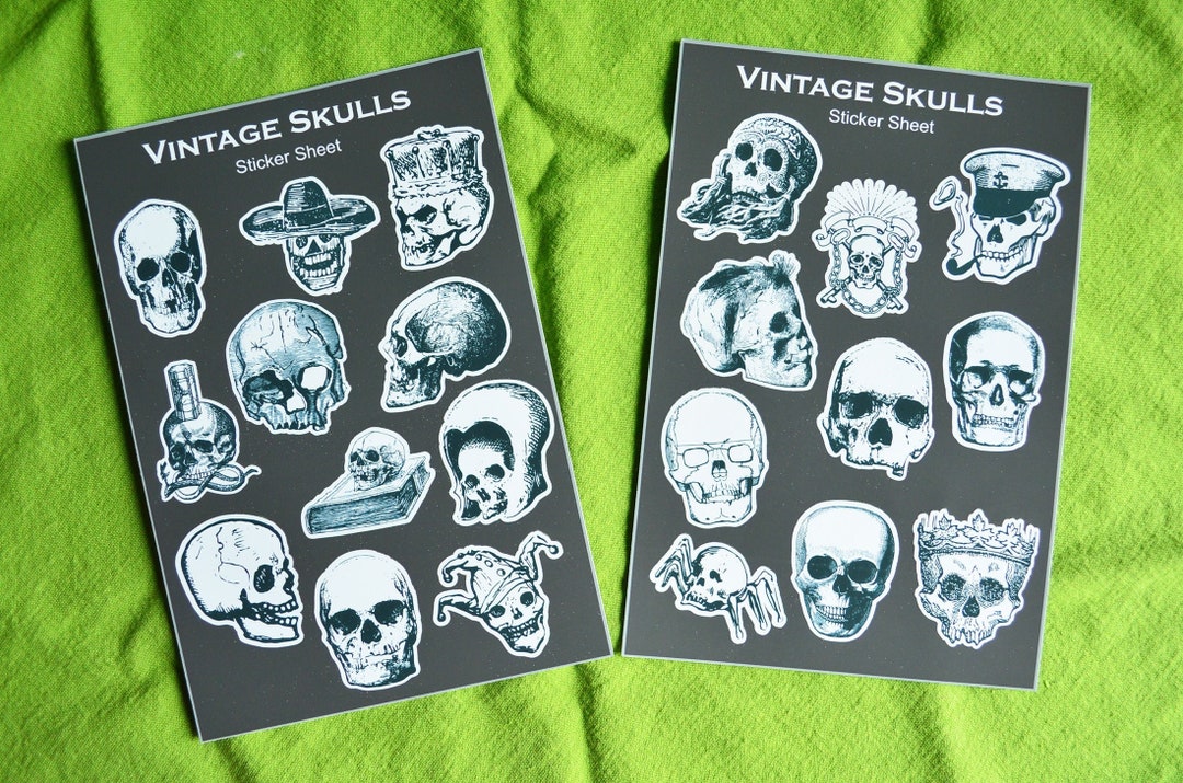 Skulls Stickers 2 Sheet Set Matte Vinyl Kiss Cut Vintage Illustrations ...